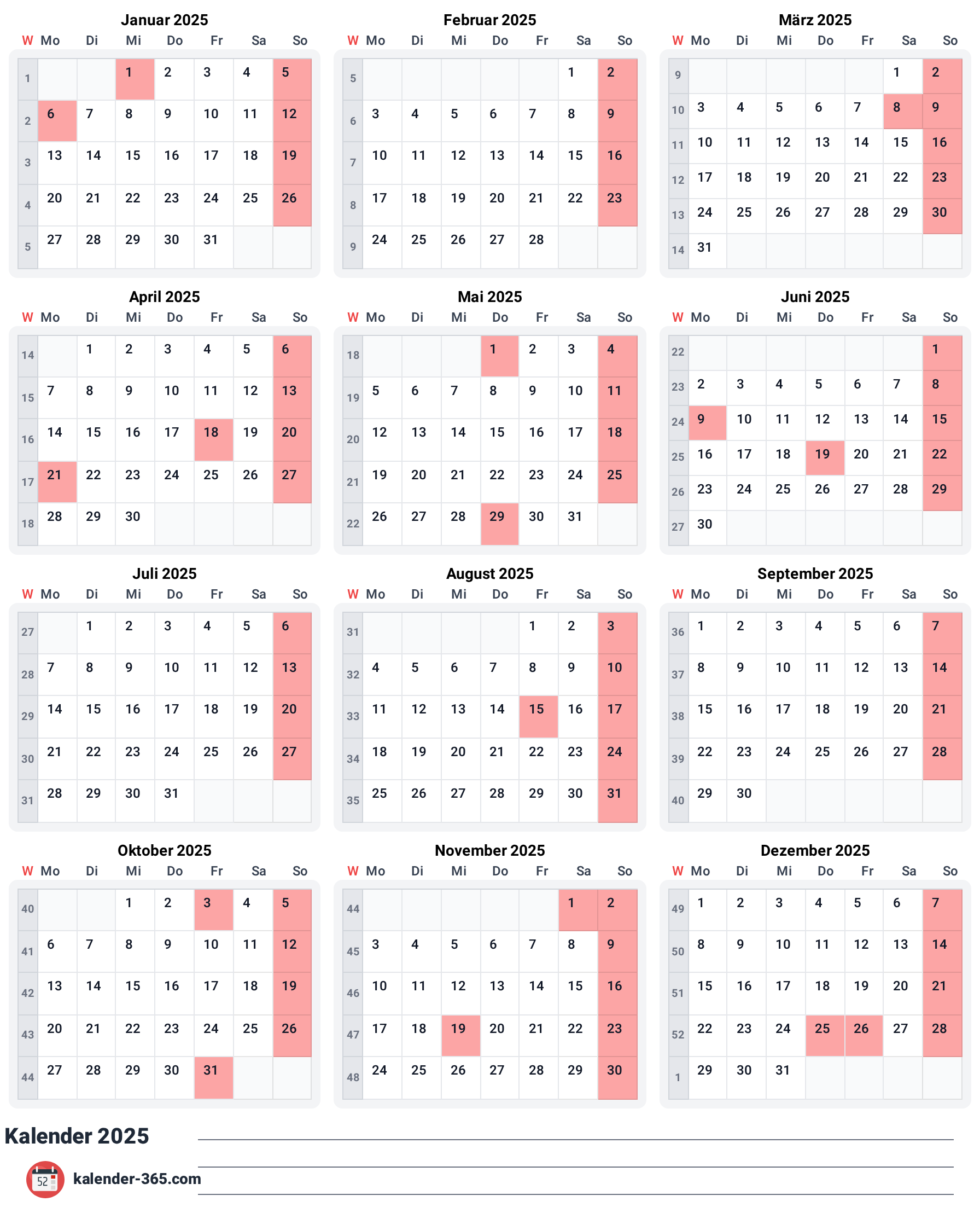 Kalender PDF Download 2025 - Kostenlos zum Ausdrucken | PDF, JPG, PNG